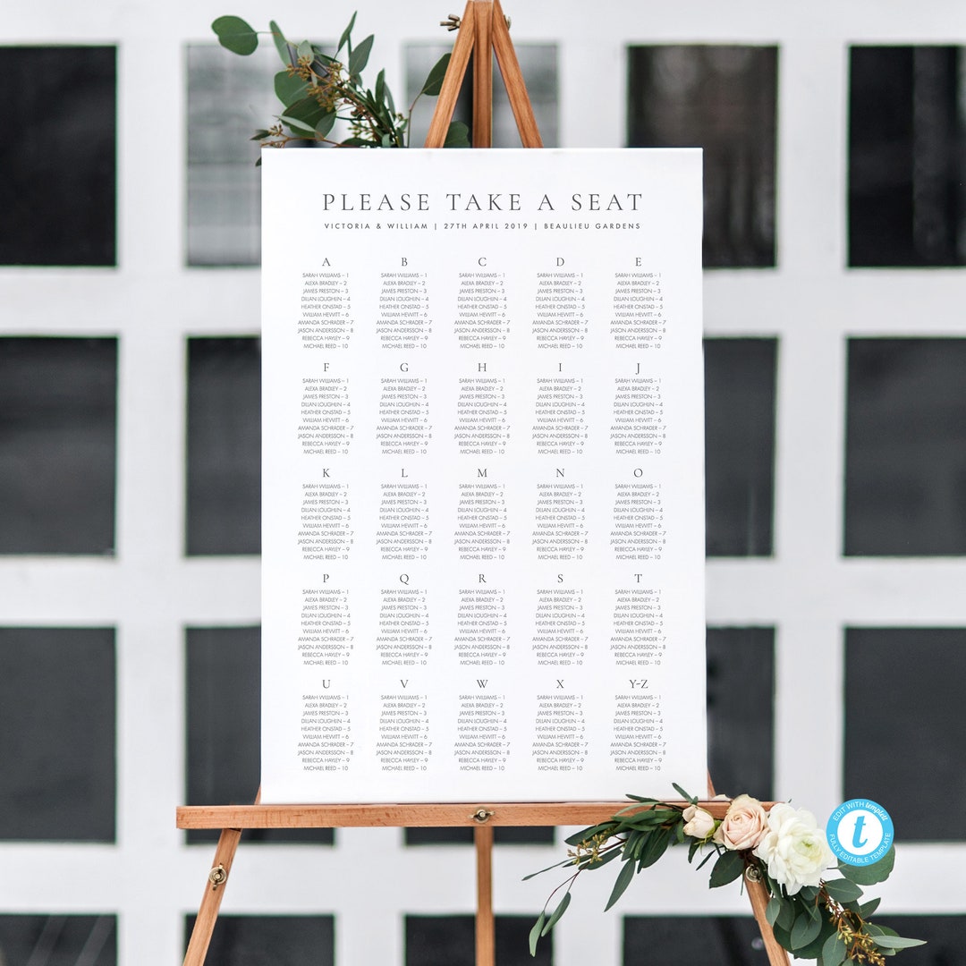 Alphabetical Seating Chart Template Elegant Wedding Seating Table Sign ...