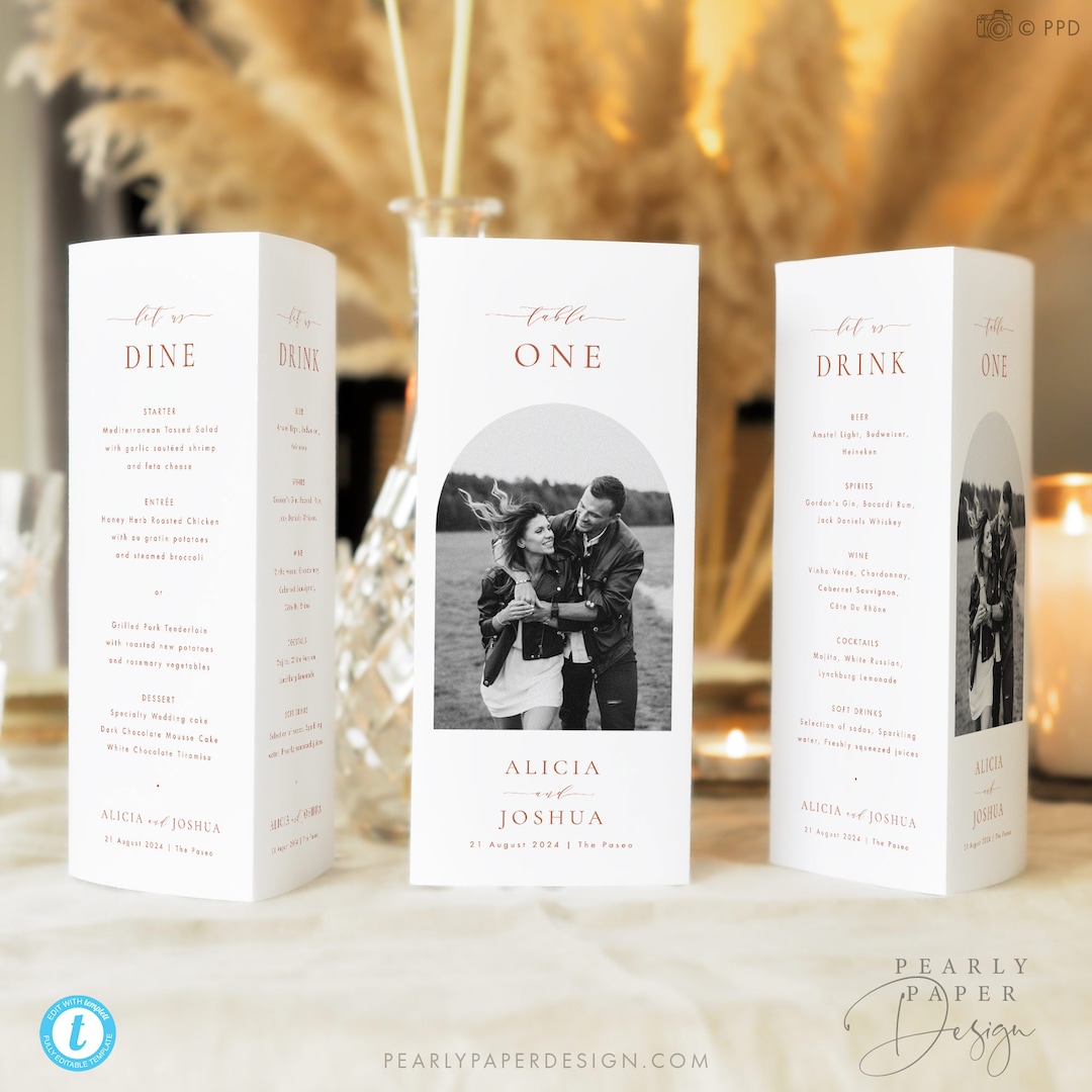 Trifold Table Number Template With Photo, Modern Wedding Menu Template ...