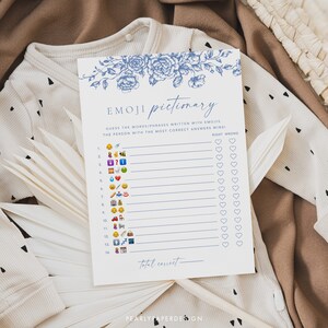 Emoji Pictionary Game Template, Blue Floral Baby Shower Emoji Game ...