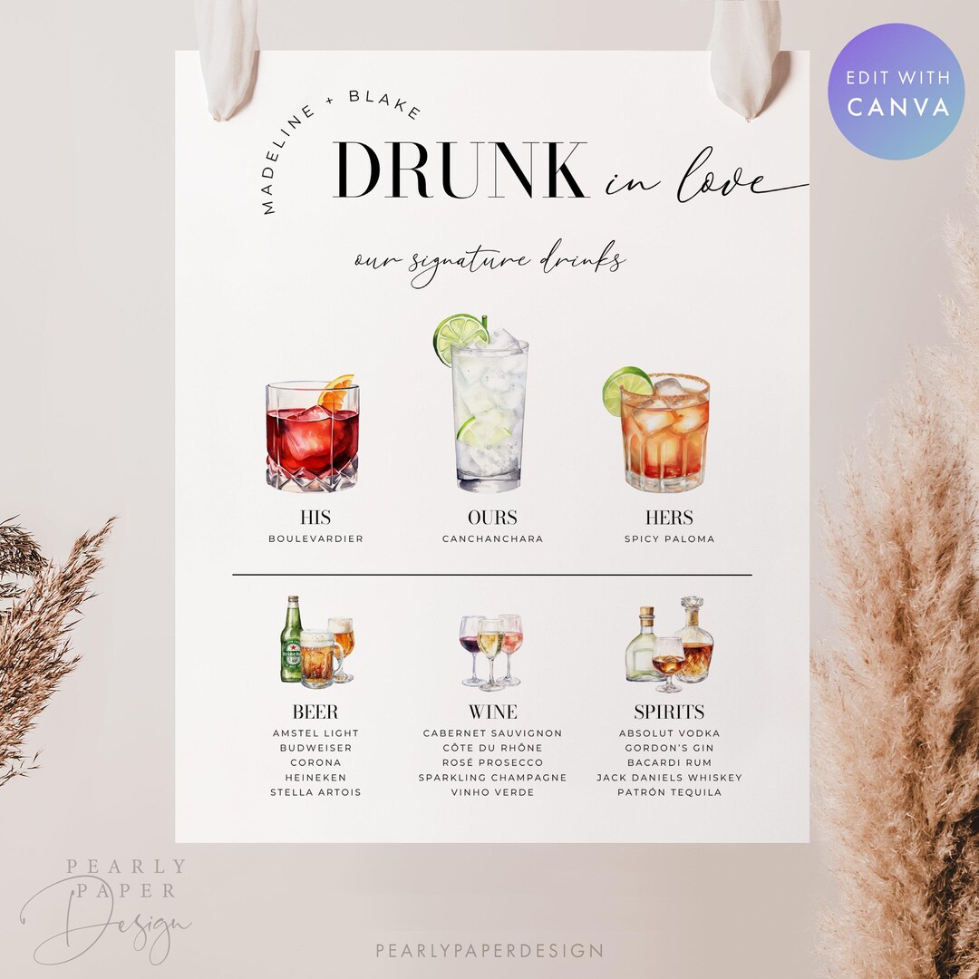 Signature Dinks Menu Sign, Wedding Bar Menu Template, Modern Cocktail ...
