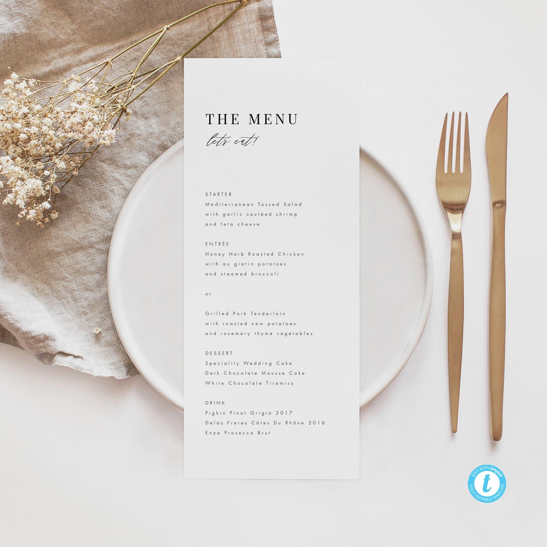 Minimalist Menu Template Download Modern Wedding Menu Simple Menu Cards ...