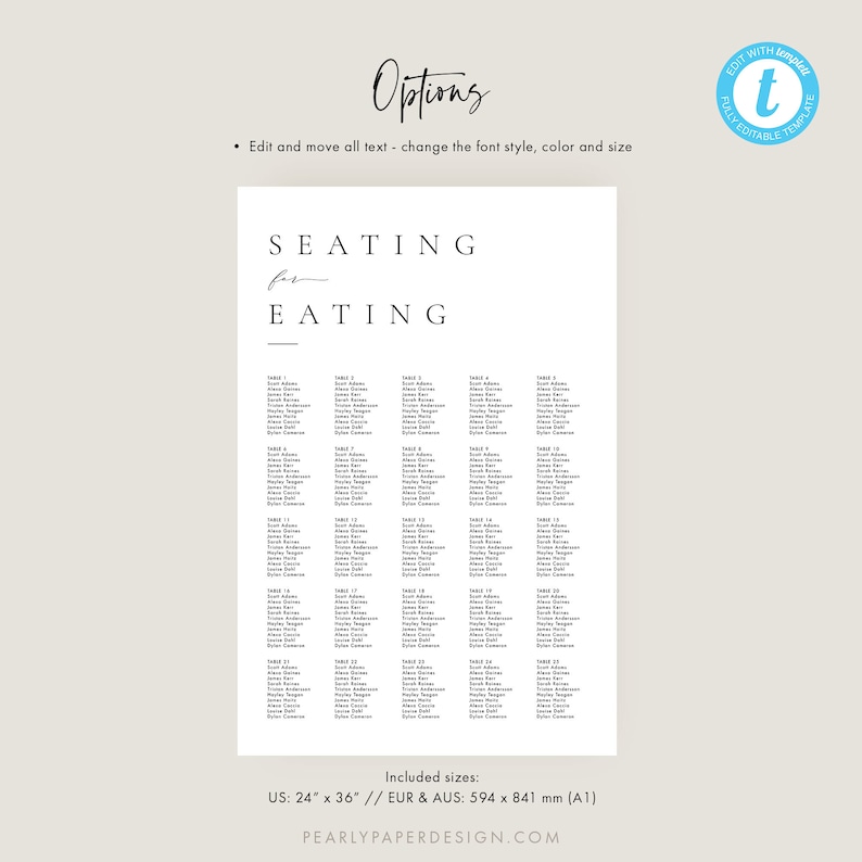 Simple Wedding Seating Chart Template Elegant Minimalist - Etsy