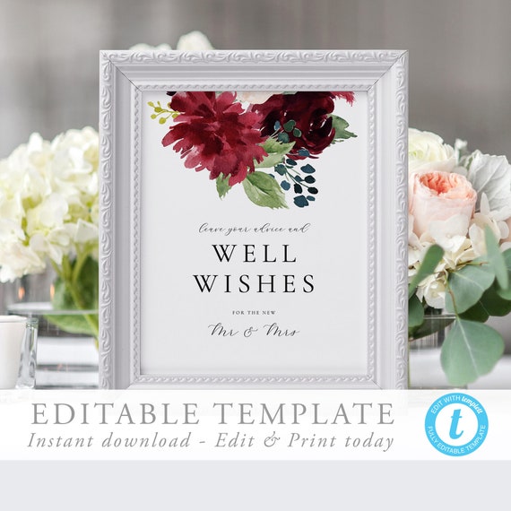 Advice and Well Wishes Sign Editable Template Burgundy Gift | Etsy