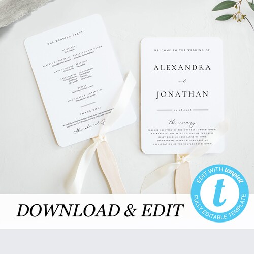Elegant Wedding Ceremony Program Fan Template Download Simple - Etsy
