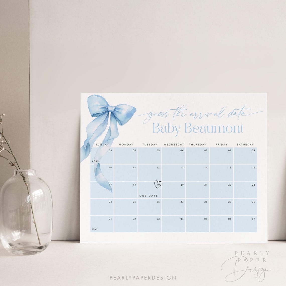 Blue Bow Due Date Calendar Sign Template, Coquette Baby Shower Calendar ...