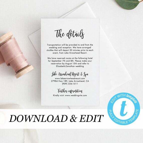 Details Card Template Details Card Wedding Insert Printable | Etsy