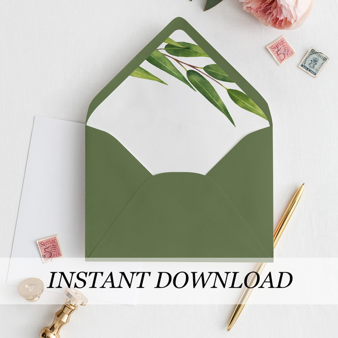 Greenery Envelope Liner Template Green leaves Envelope Liner | Etsy