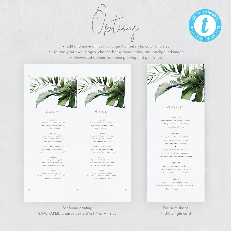 Tropical Menu Template Download Modern Wedding Menu | Etsy