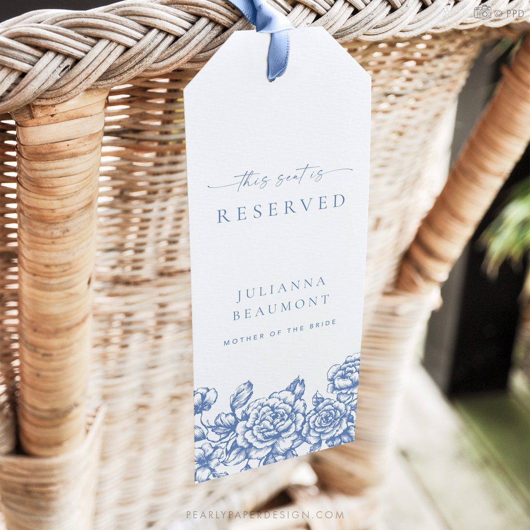 Blue Floral Wedding Seating Tag, Reserved Seating Template, Toile Chair ...