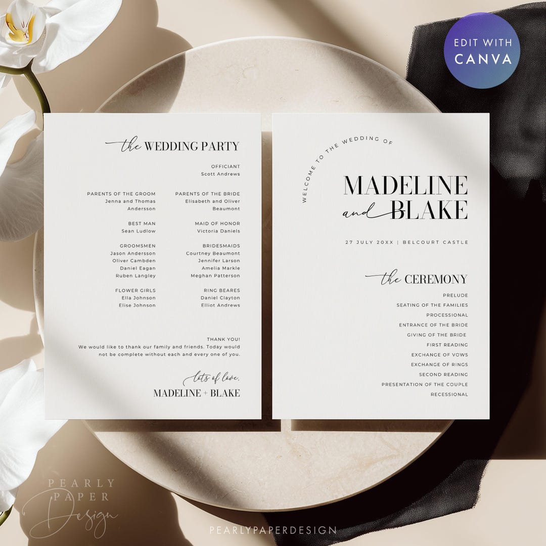 Wedding Program Template, Front and Back Wedding Ceremony Program ...