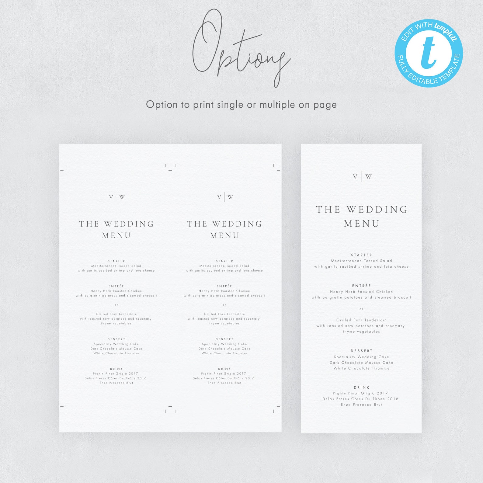 Printable Wedding Menu Template Download Elegant Wedding Menu - Etsy