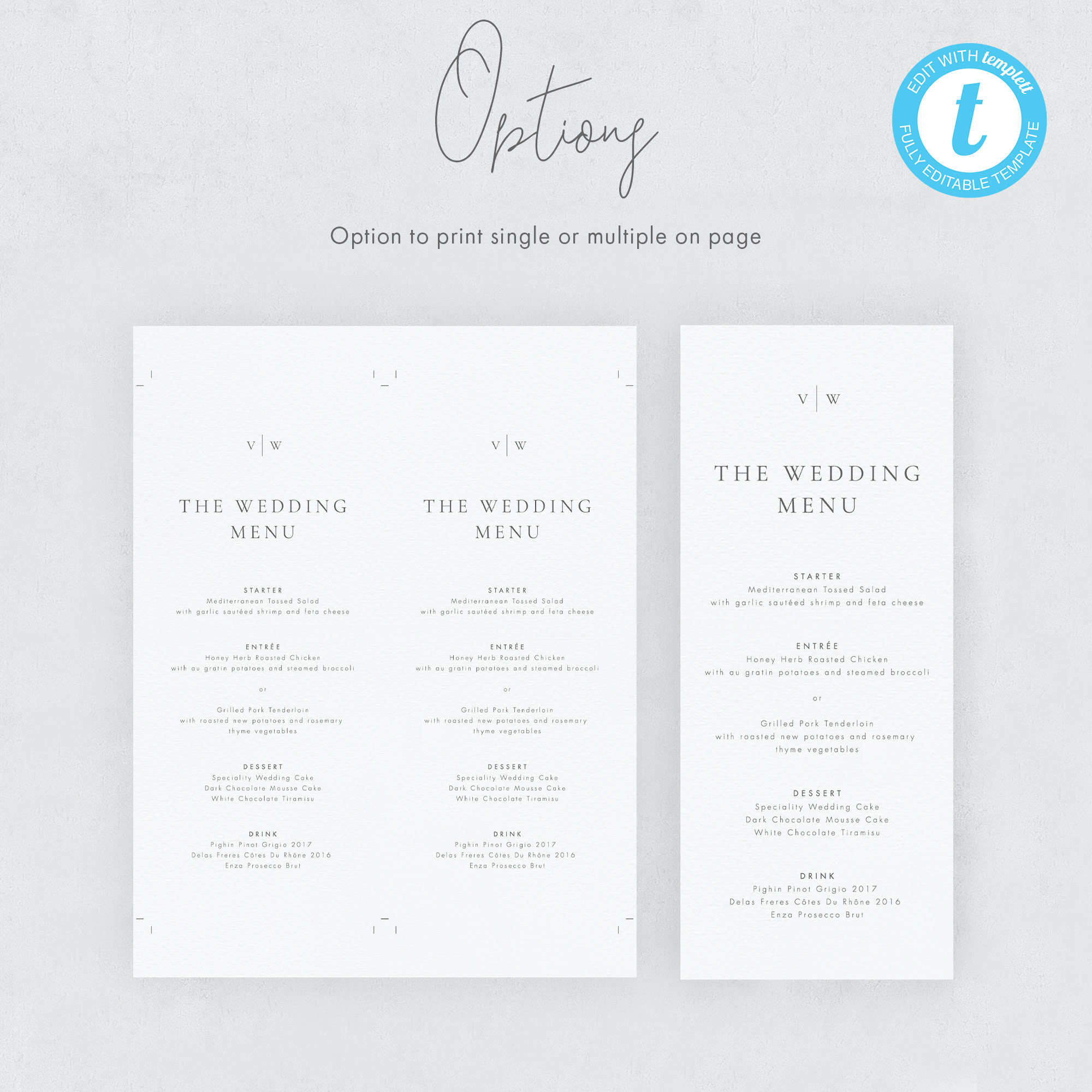 Printable Wedding Menu Template Download Elegant Wedding Menu - Etsy