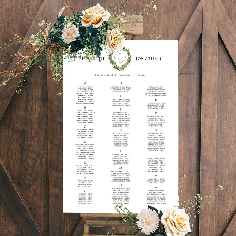Alphabetical Seating Chart Template Modern Elegant Wedding Seating ...