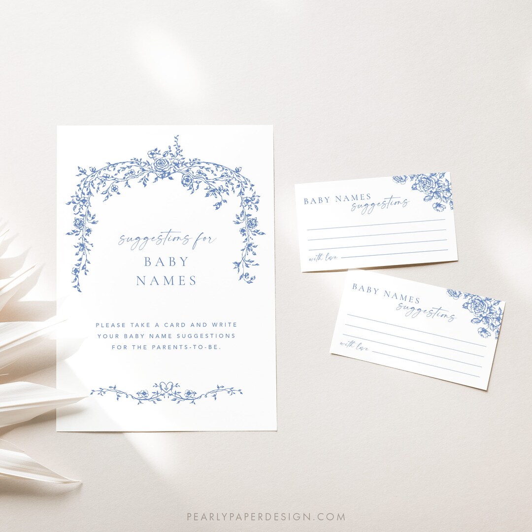 Dusty Blue Baby Name Suggestions Template, Floral Baby Name Ideas Game ...