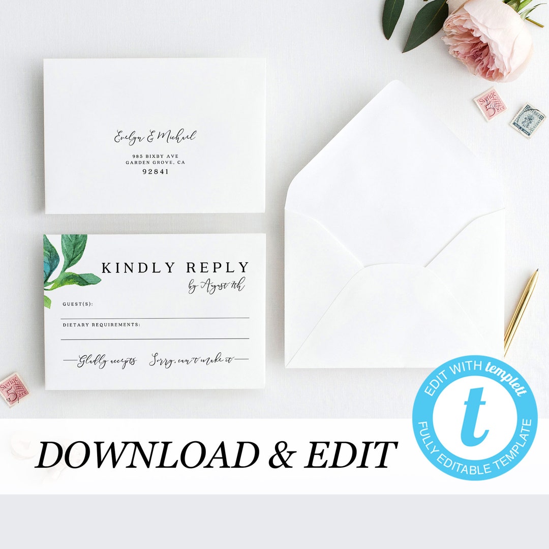Rustic RSVP Card Template RSVP Wedding Insert Printable Green Leaf ...