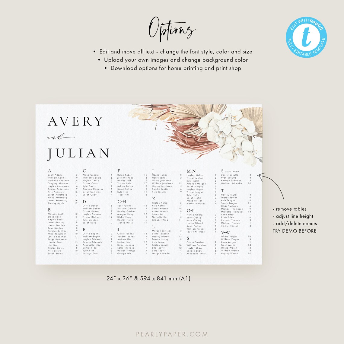 Alphabetical Seating Chart Template Download Boho Seating | Etsy