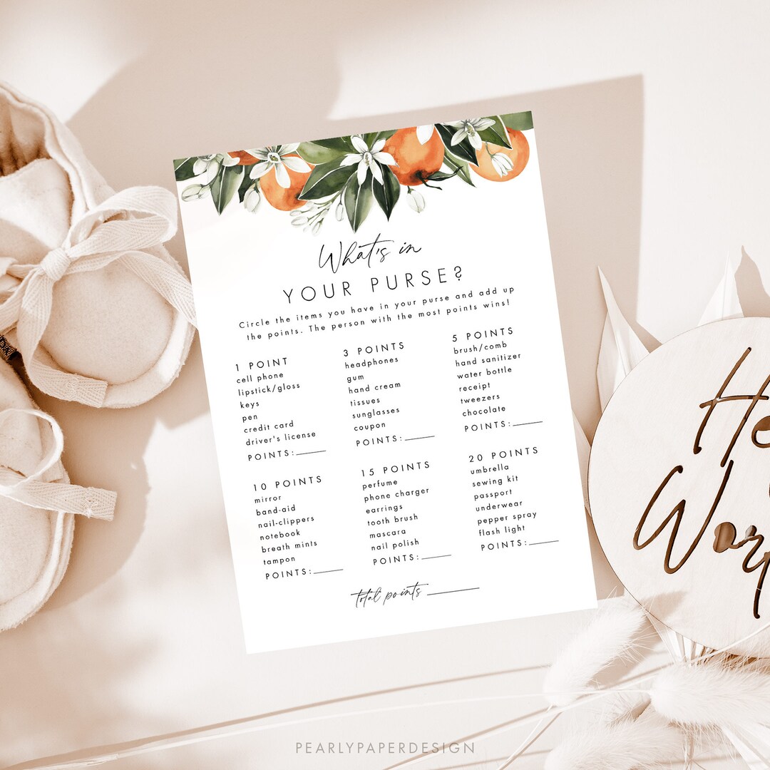 What's in Your Purse Baby Shower Game Template, Citrus Baby Shower ...