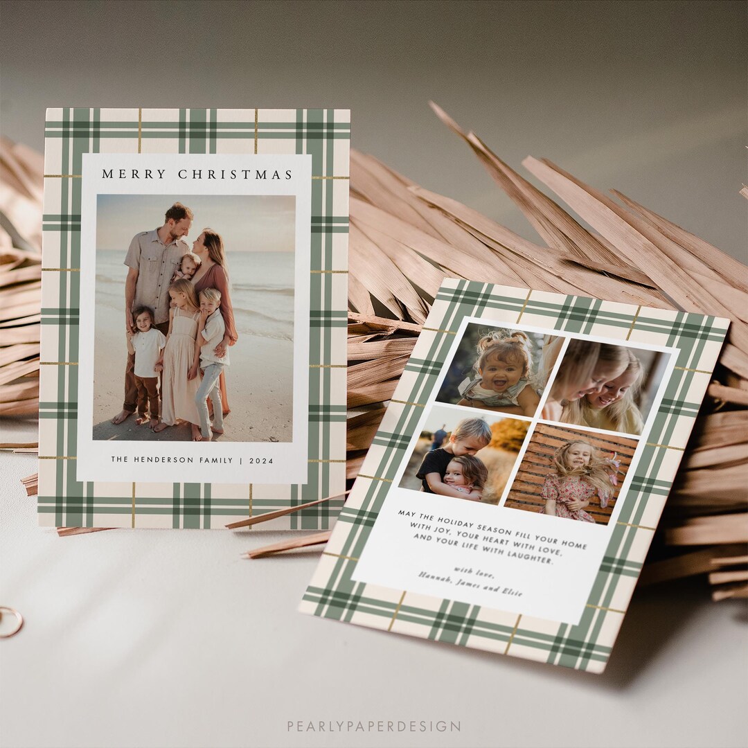 Plaid Christmas Card With Photo, Green Christmas Card Template, Green ...