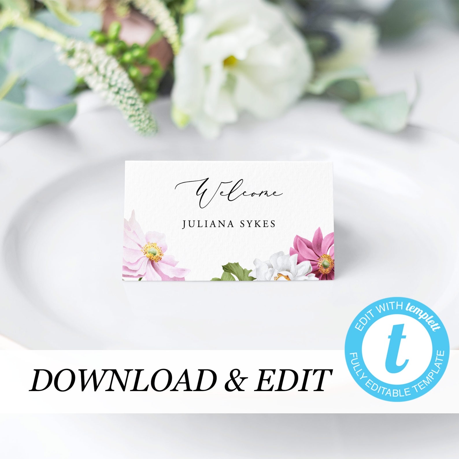 Floral Place Cards Template Printable Wedding Place Card Editable ...