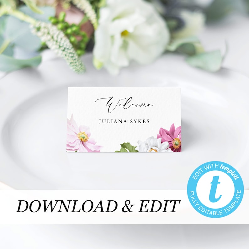 Floral Place Cards Template Printable Wedding Place Card | Etsy