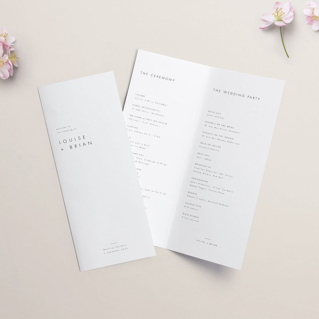 Minimalist Wedding Ceremony Bifold Program Simple Program Template ...