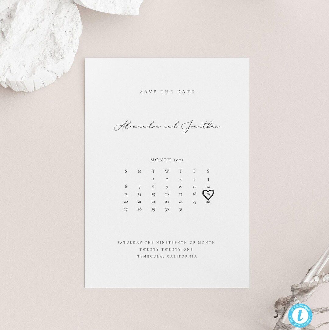 Modern Calendar Save the Date Template Editable Invite Simple Save Our ...