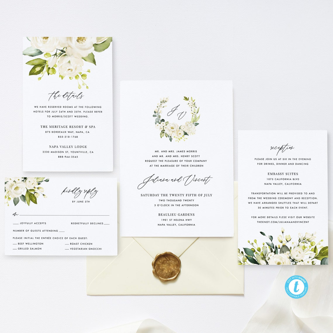 Printable Wedding Set Invitation Template White Floral Wedding Invite ...