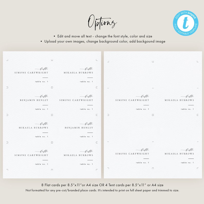 Printable Place Card Template, Elegant Wedding Place Cards Modern ...