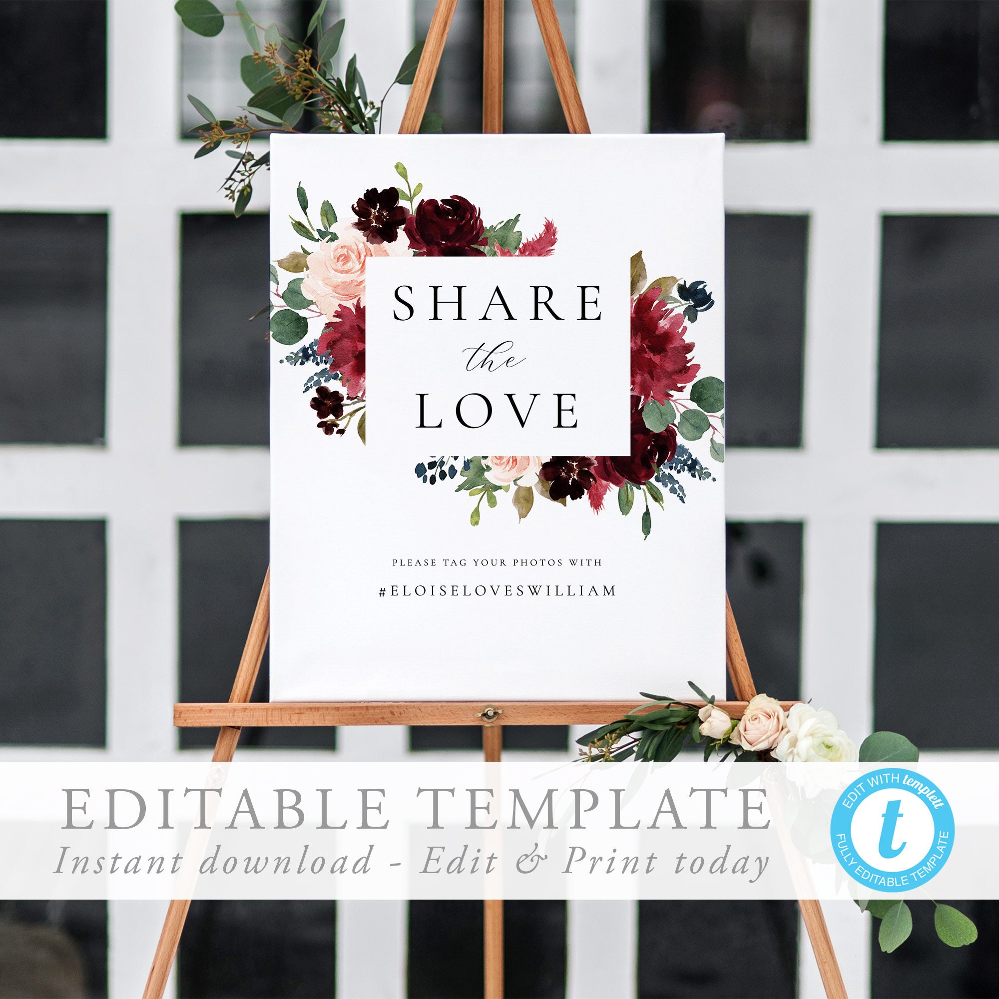 Share the love Sign Template Wedding Hashtag sign Instagram | Etsy