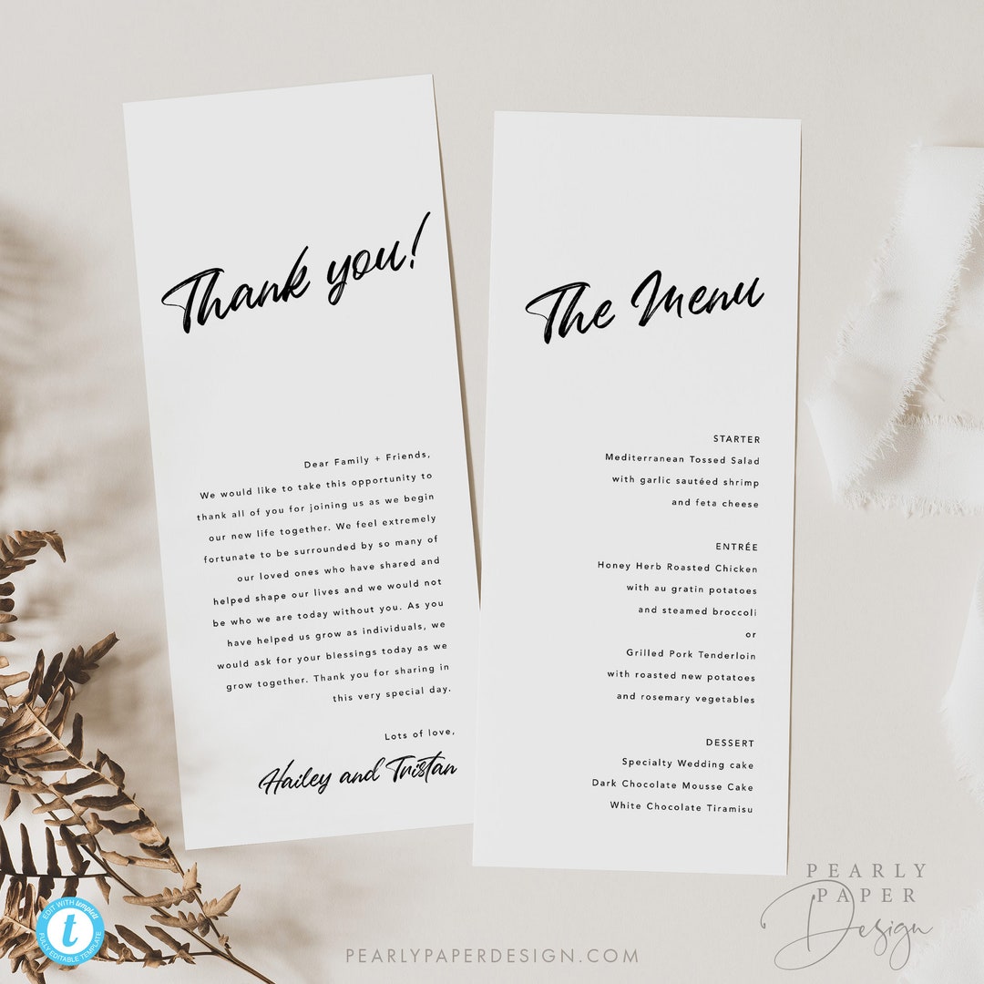 Thank You and Menu Template, Minimalist Wedding Menu, Napkin Note Menu ...
