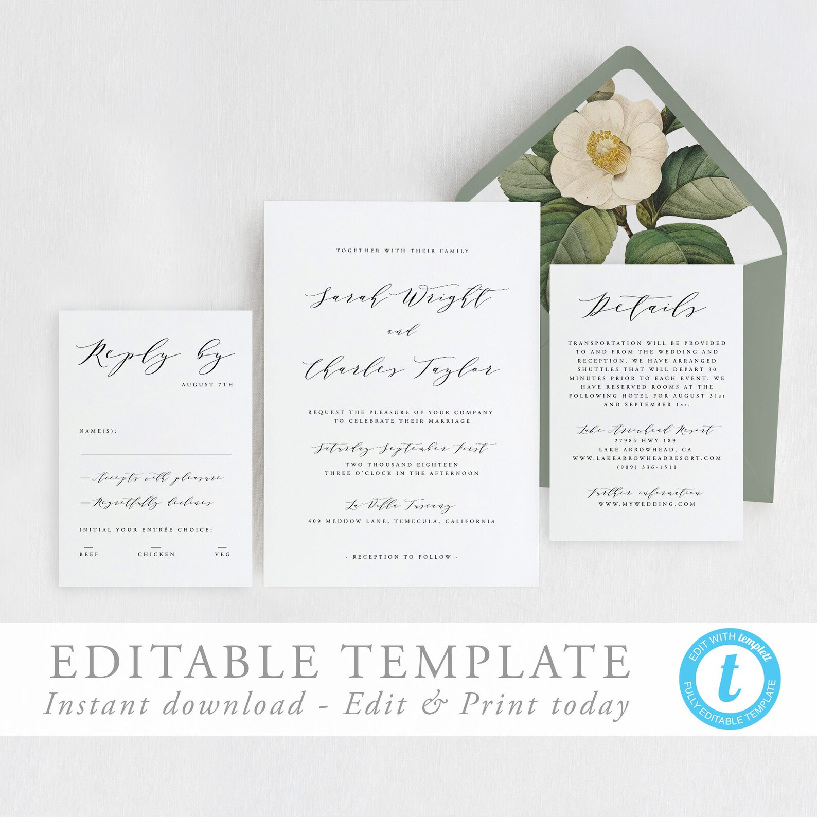 Simple Wedding Invitation Printable Invitation Template Editable ...