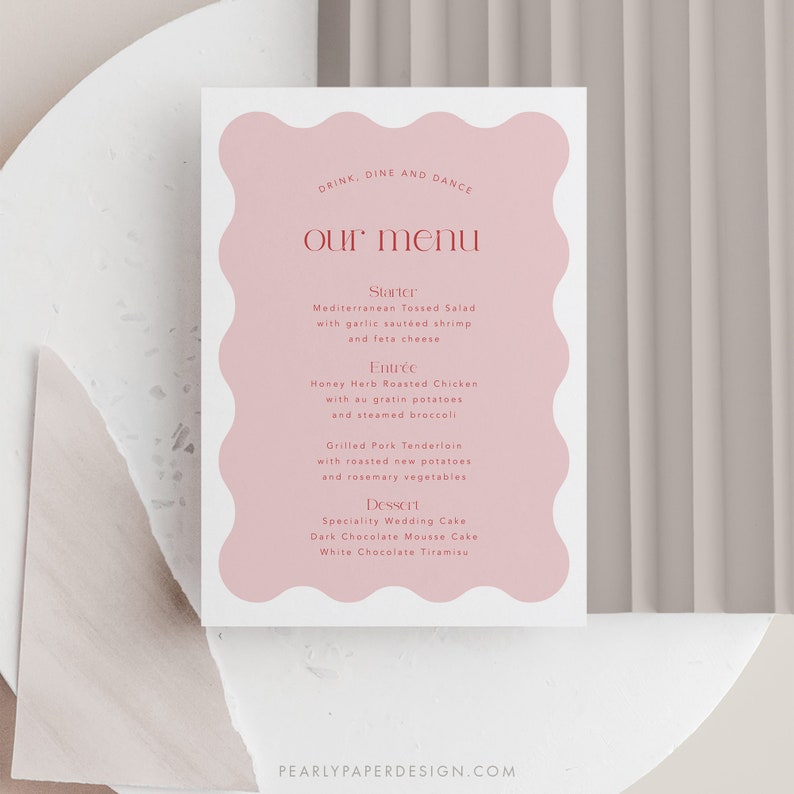 Retro Menu Template Download Wave Pink and Red Modern Wedding - Etsy