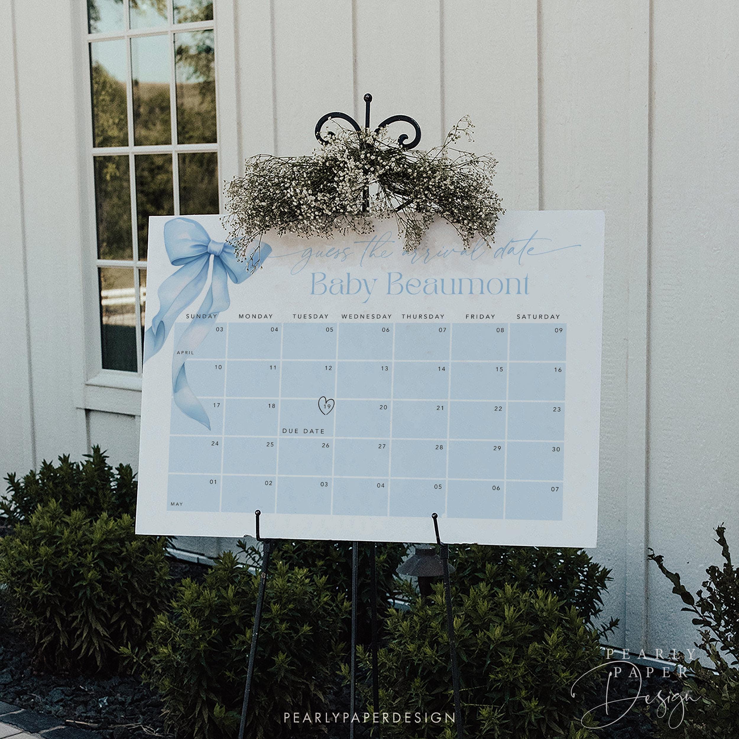 Blue Bow Due Date Calendar Sign Template, Coquette Baby Shower Calendar ...