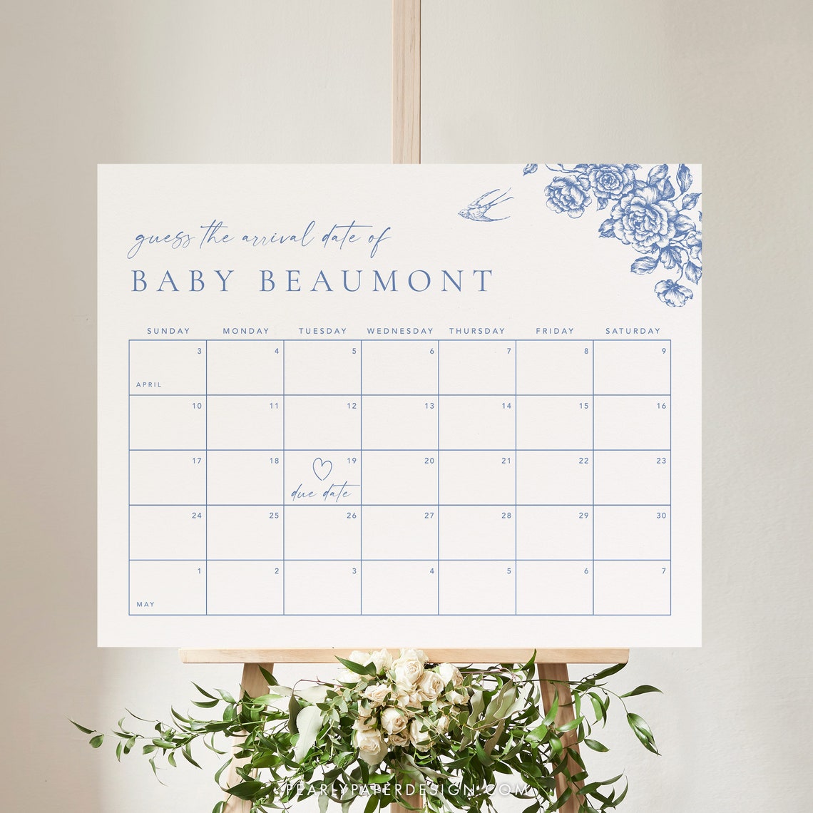 Due Date Calendar Sign Template, Blue Floral Baby Shower Calendar Game ...