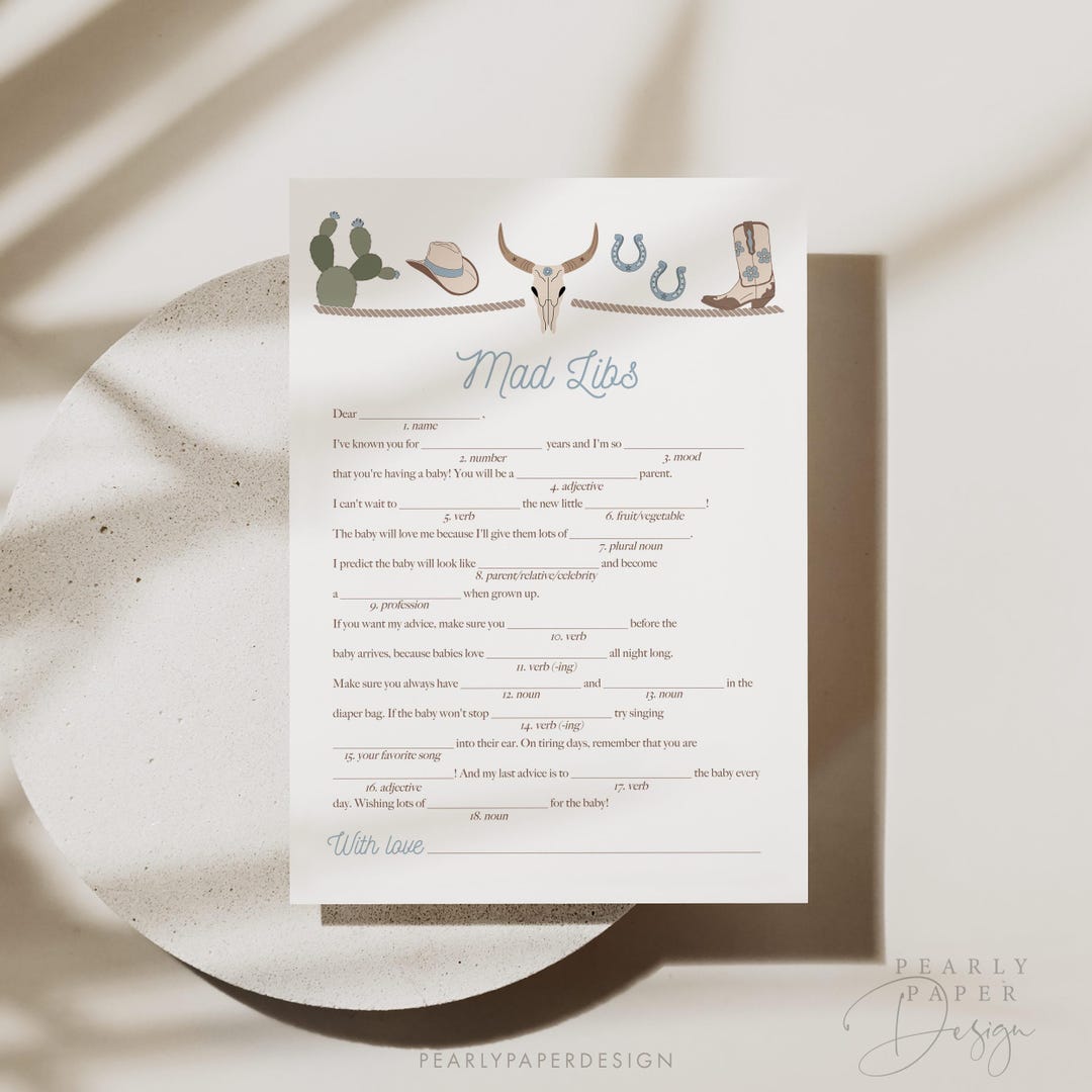 Baby Mad Libs Game Template, Western Baby Shower Game Mad Libs ...