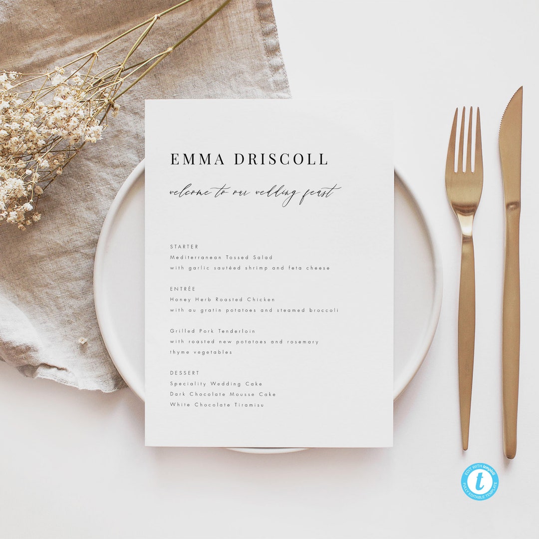 Personalized Wedding Menu Place Cards Template Templett Download ...