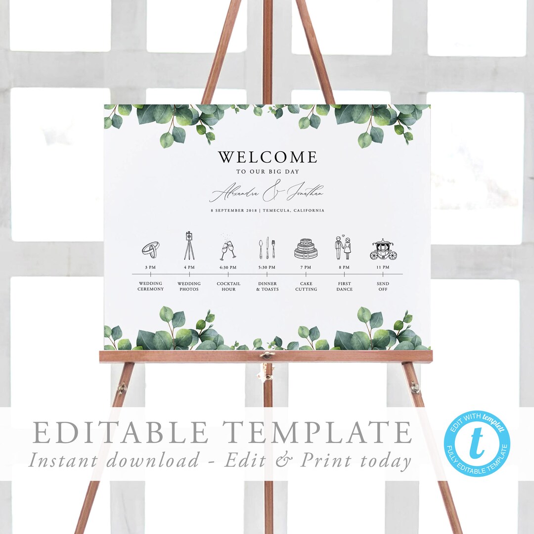 Rustic Wedding Timeline Poster Order of Events Template Eucalyptus ...