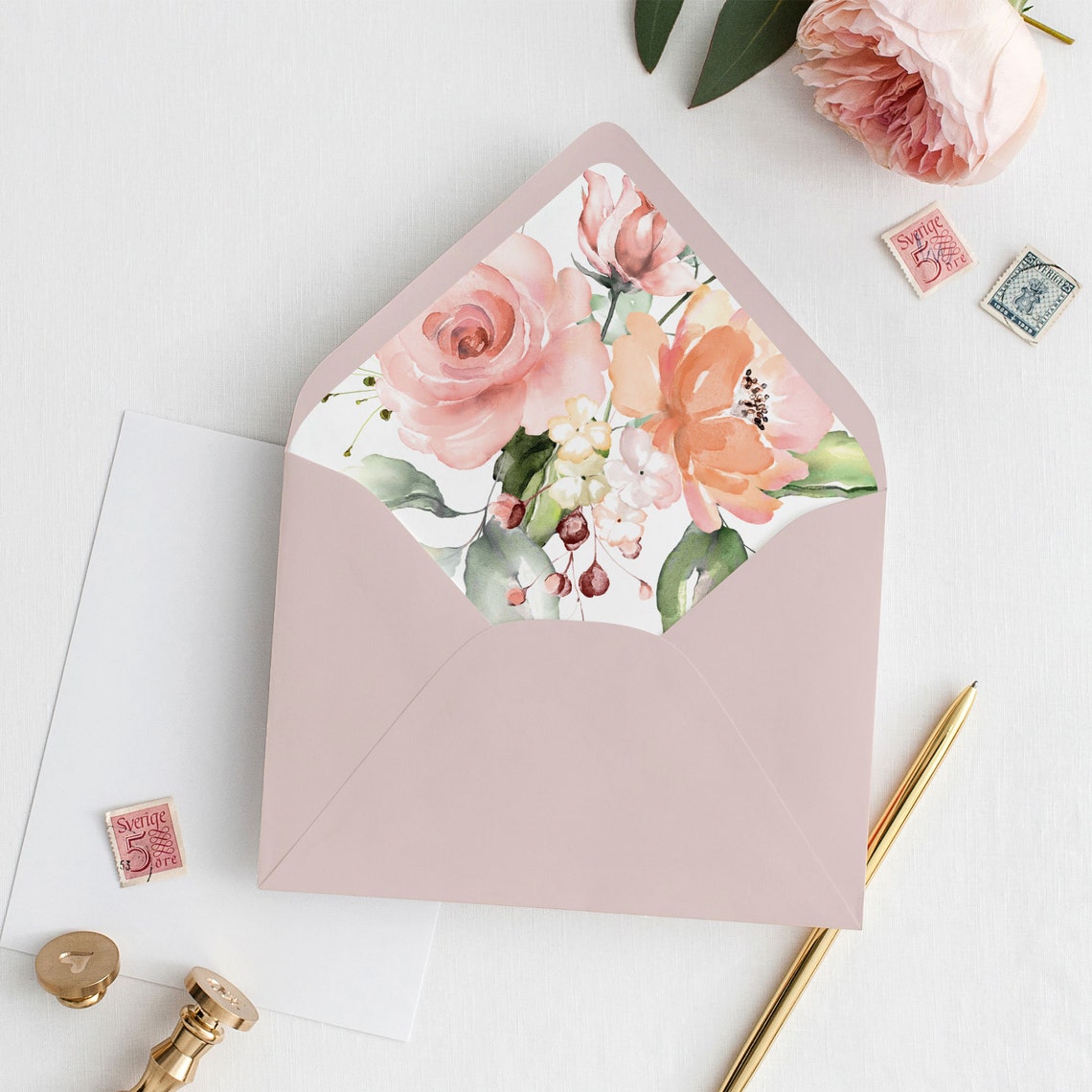 Envelope Liner Template Floral Envelope Liner Printable Wedding Peach ...