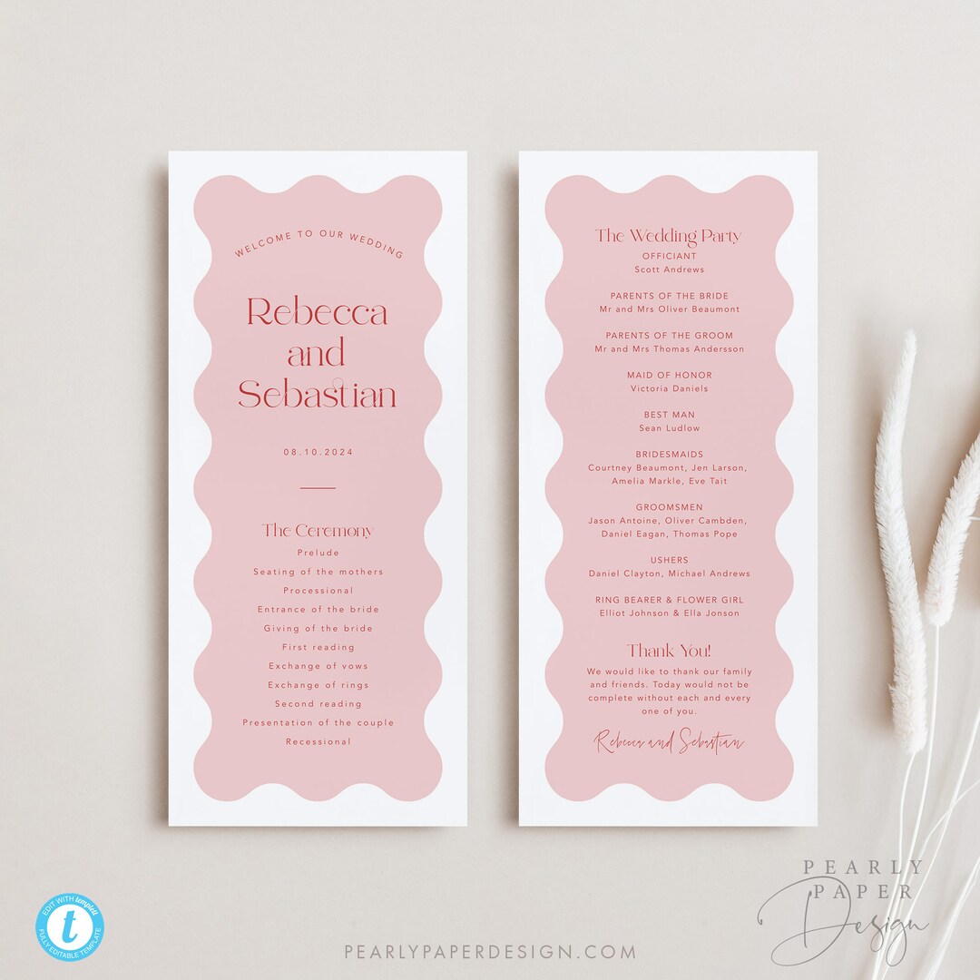 Retro Wedding Ceremony Program Template, Wave Pink and Red Program ...