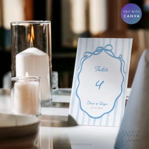 Blue Stripe Table Numbers Template, Whimsical Table Numbers, Blue Bow ...