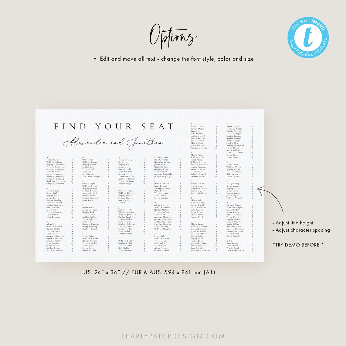 Alphabetical Seating Chart Template Download Minimalist - Etsy