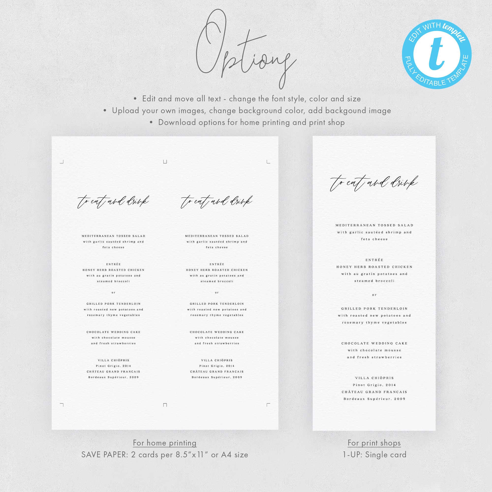 Minimalist Menu Template Download Modern Wedding Menu Simple Menu Cards ...