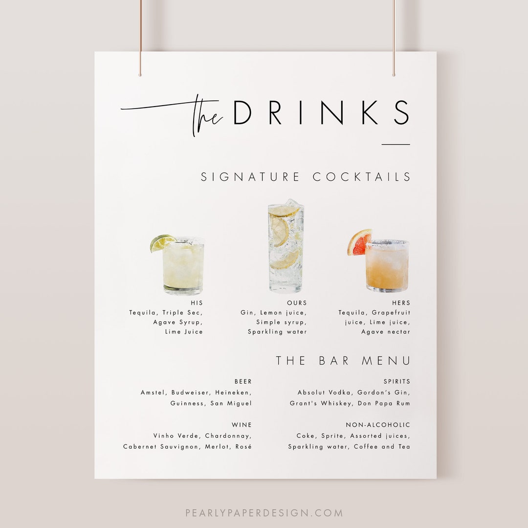 Bar Menu Template, Signature Drink Menu Sign, Elegant Wedding Bar Sign ...