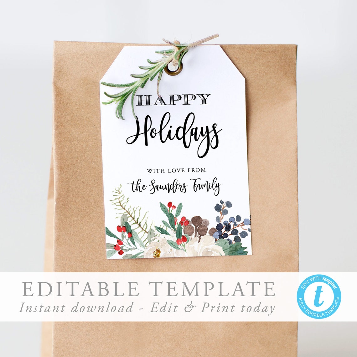 Printable Tag Happy Holidays Tag Template Gift Tag Merry | Etsy