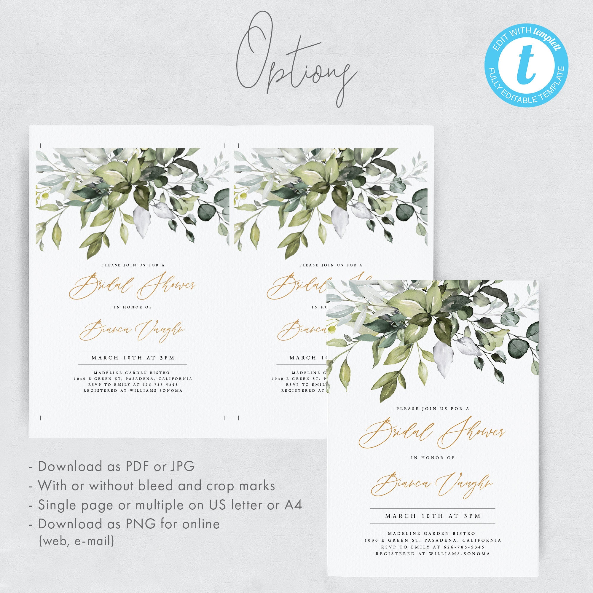 Rustic Bridal Shower Invitation Template Download Greenery - Etsy