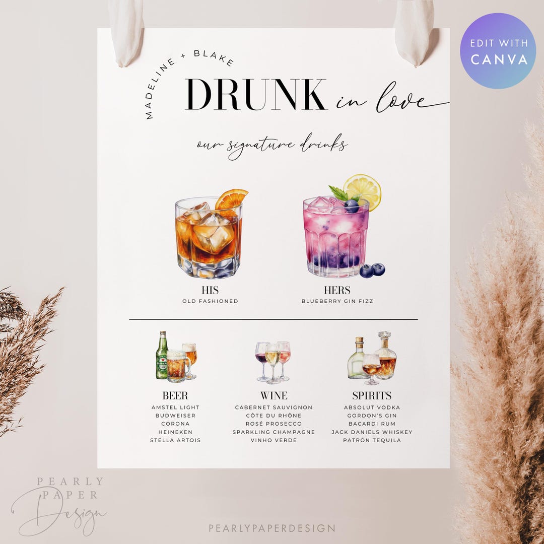 Signature Dinks Menu Sign Template, Wedding Bar Menu, Modern Cocktail ...
