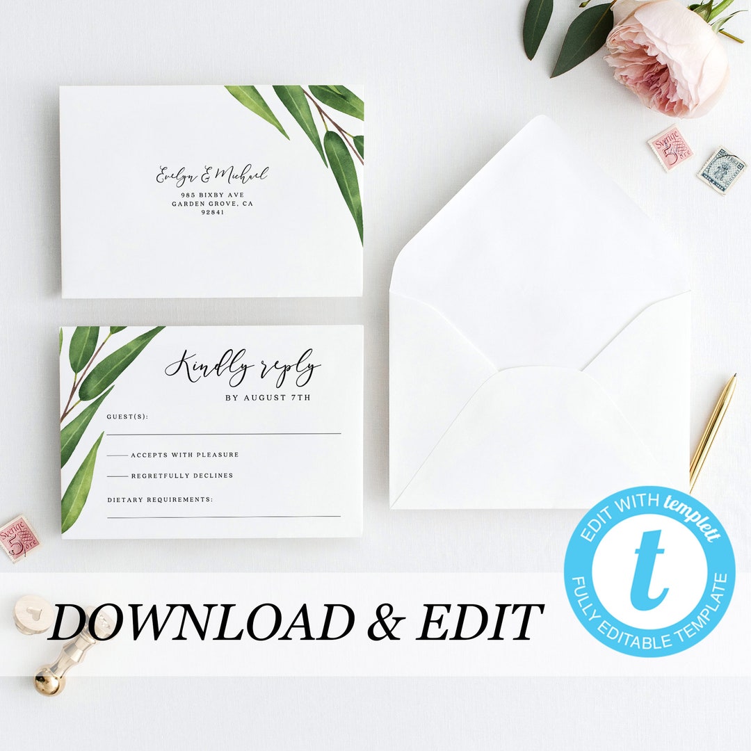 Rustic RSVP Card Template, RSVP Wedding Insert, Printable Green Leaf ...
