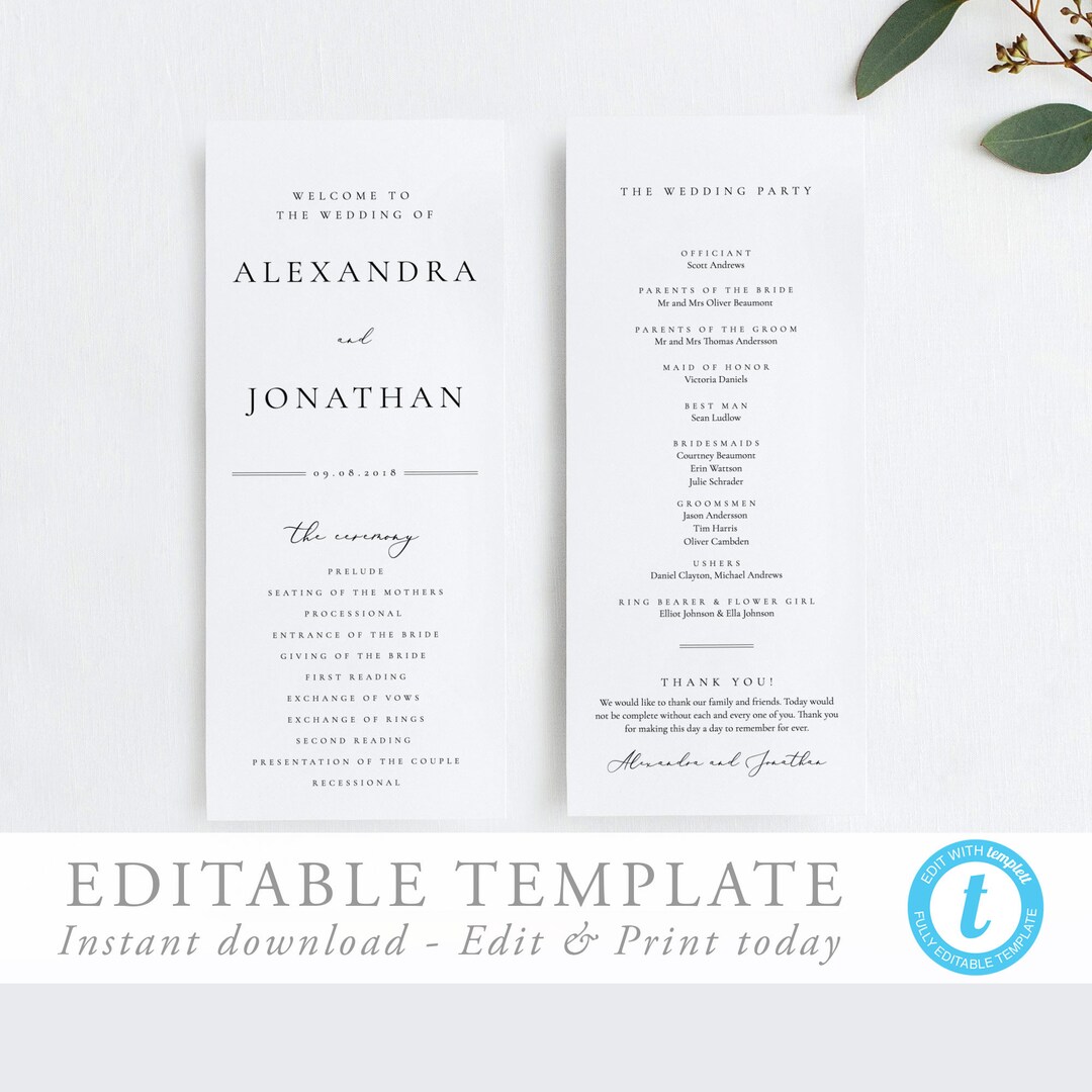 Wedding Ceremony Program Simple Program Template Elegant Wedding Order ...
