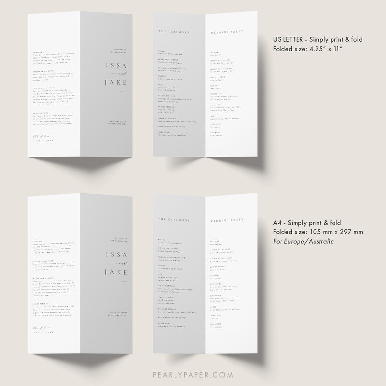 Wedding Ceremony Bifold Program Simple Program Template - Etsy