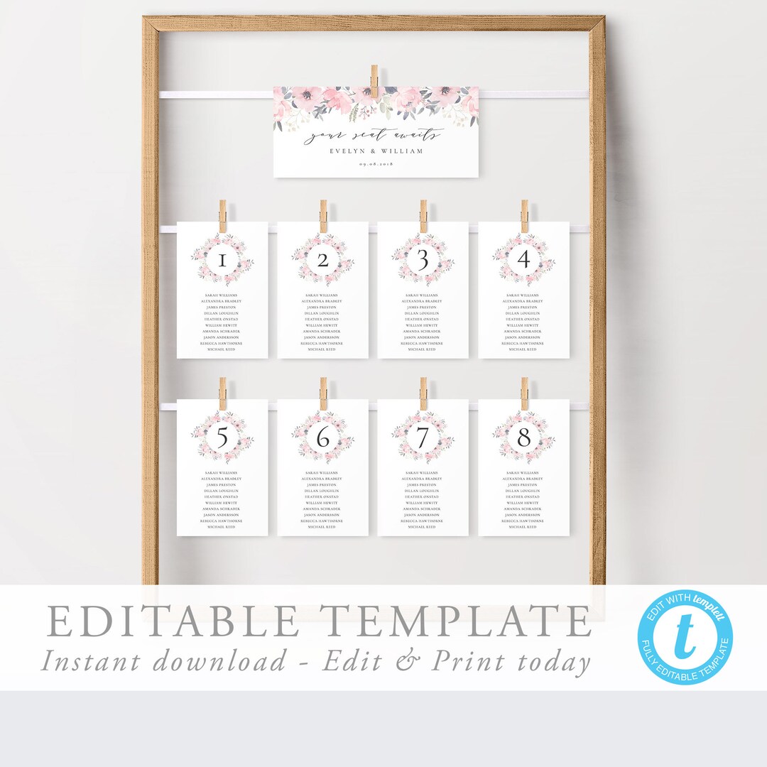 Boho Editable Seating Chart Template Blush Floral Wedding Table Cards ...
